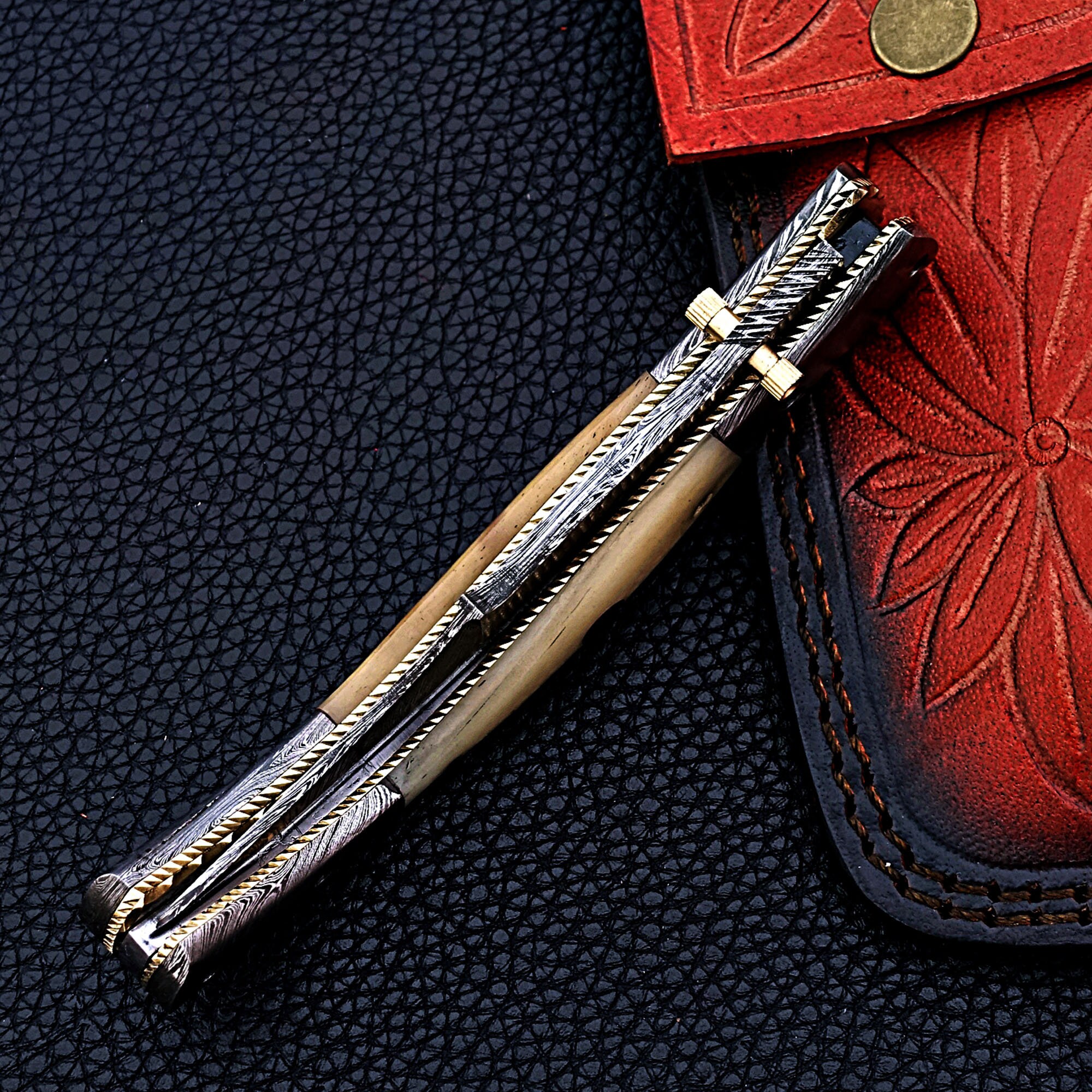 Handmade Pocket Knife Mosaic Pin & Bone Handle Damascus Steel Blade ...