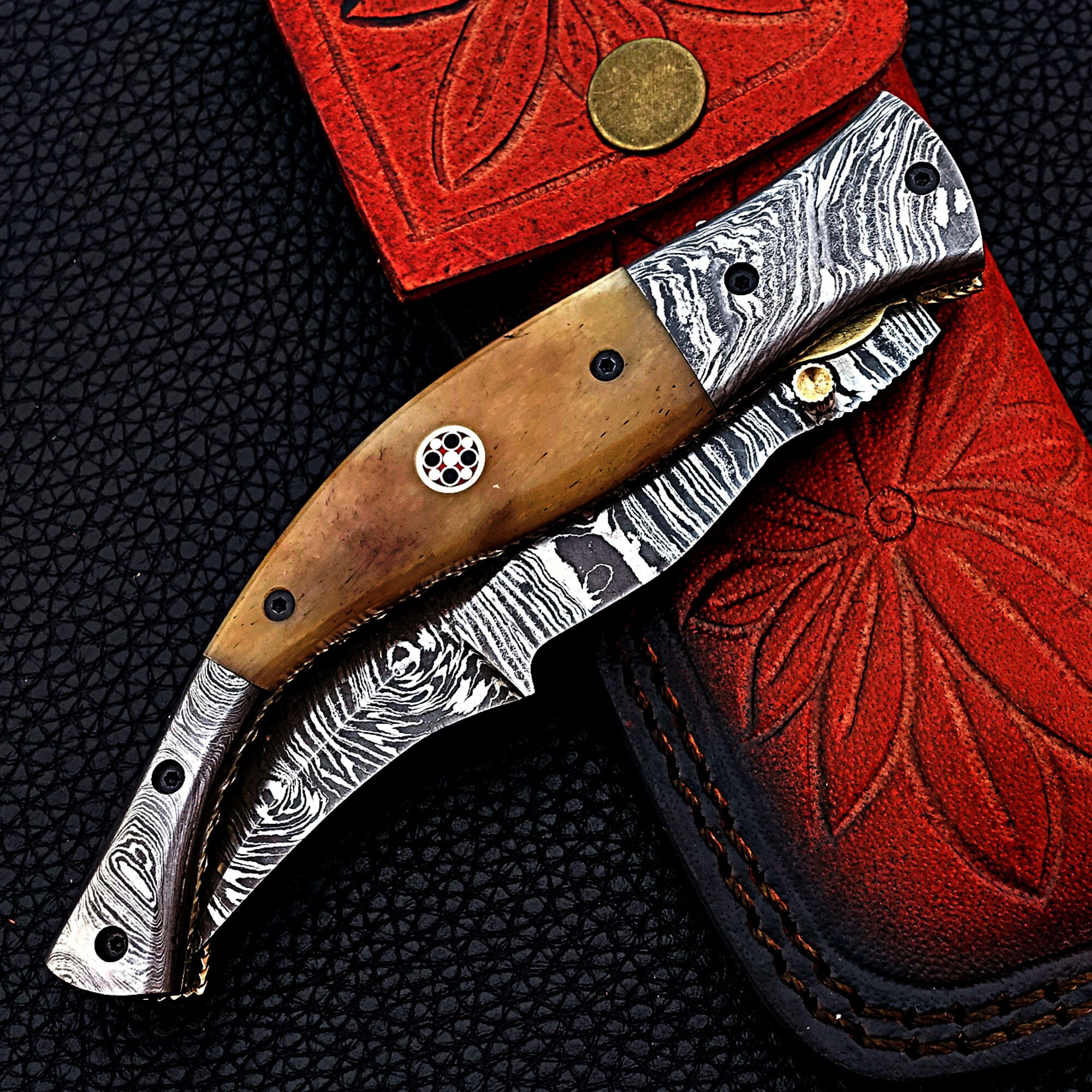 Handmade Pocket Knife Mosaic Pin & Bone Handle Damascus Steel Blade ...