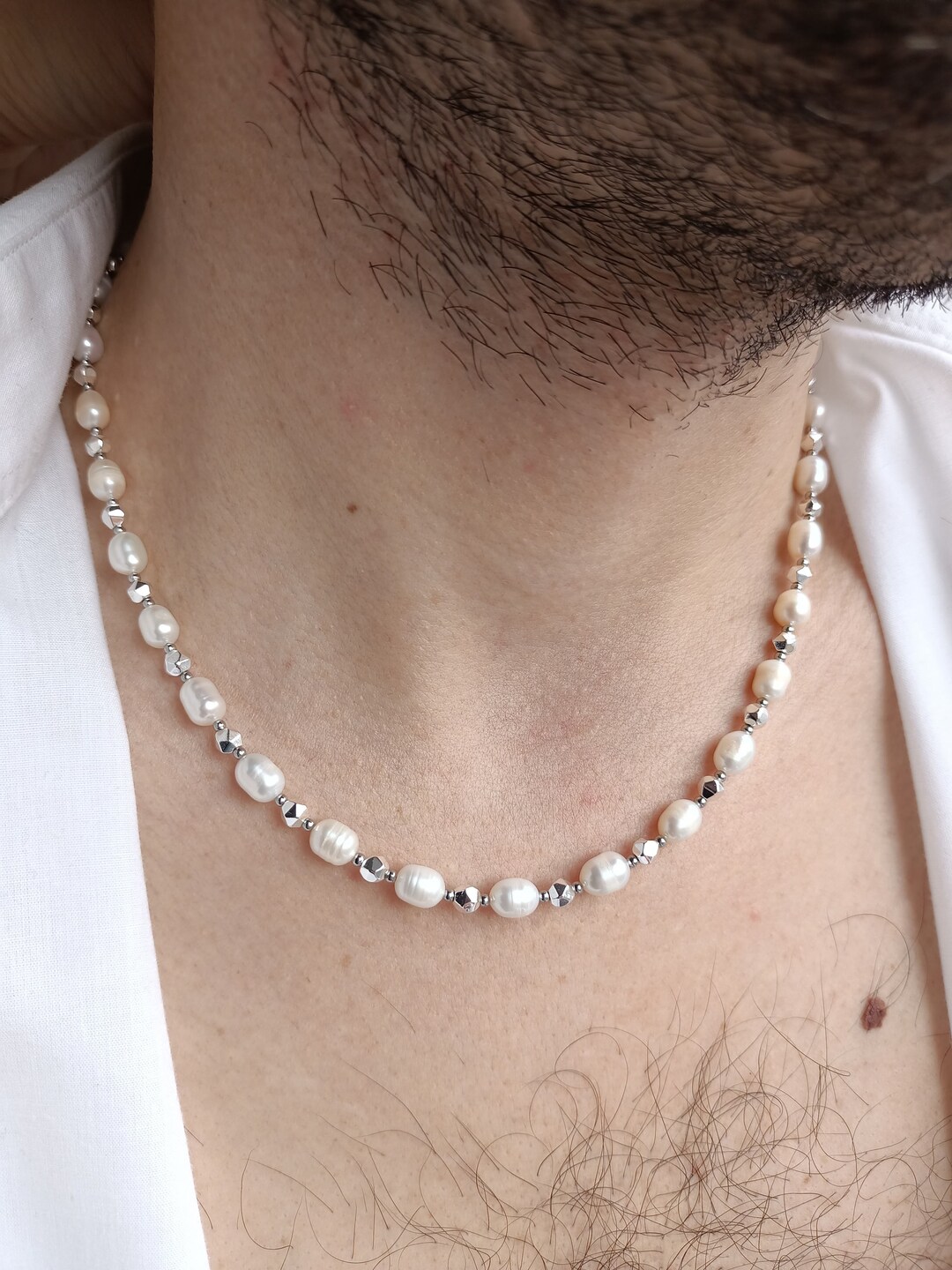 Mens Pearl Necklace,real Pearl Beaded Y2k Choker,surfer Hematite Choker ...