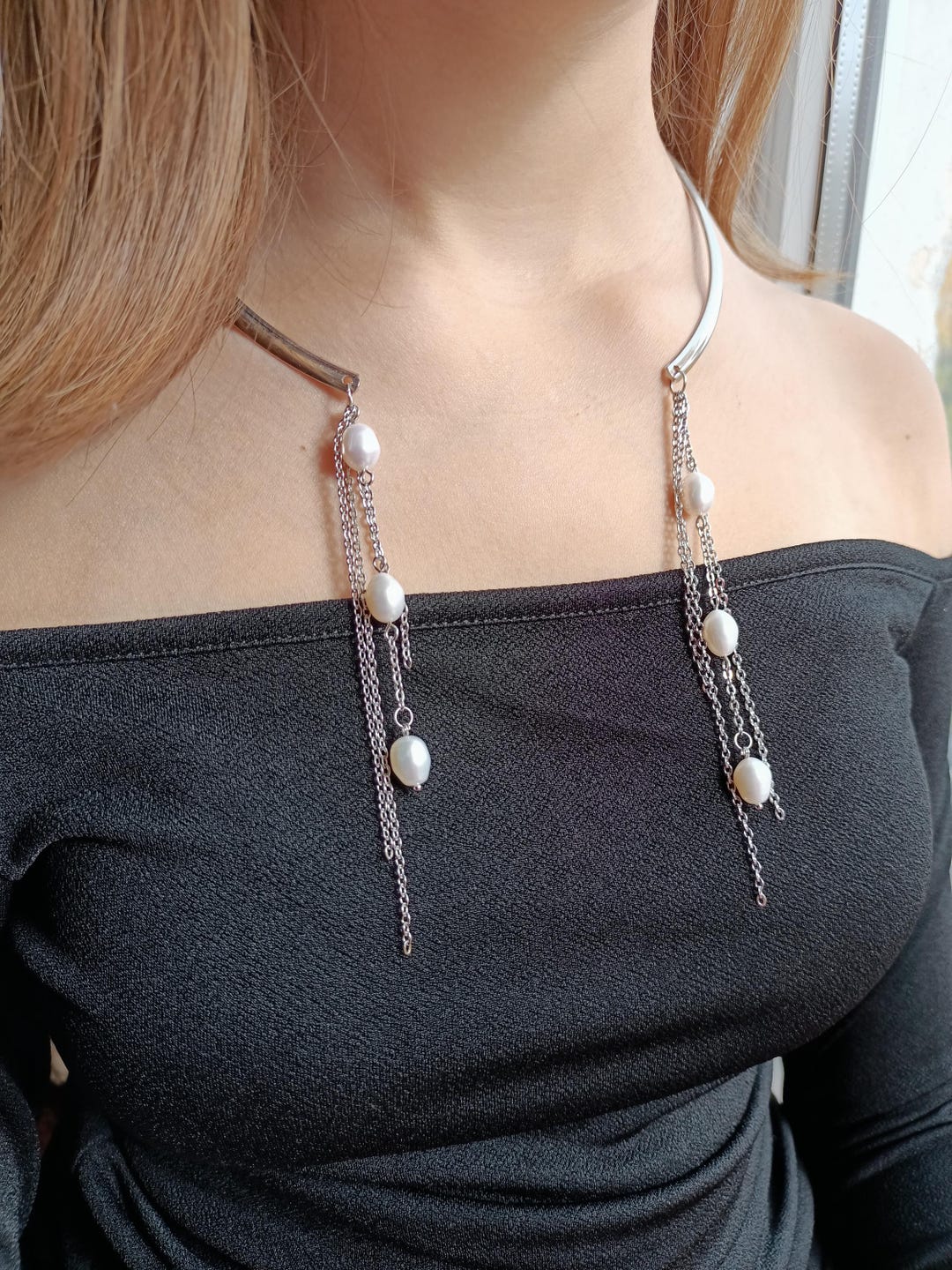 Statement Open Collar Necklace,dainty Real Pearl Drop Chain Choker ...