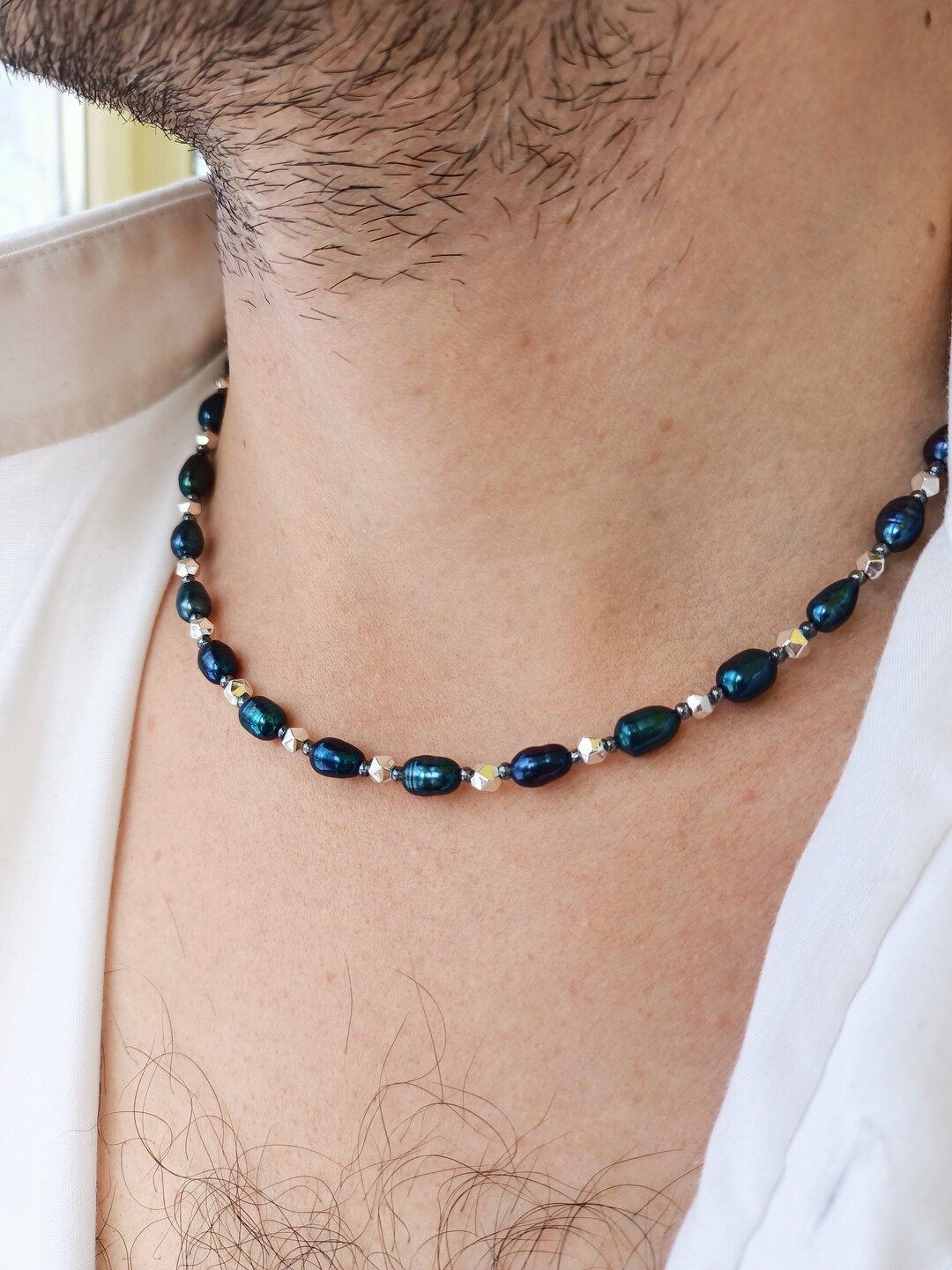 Mens Black Pearl Necklace,real Pearl Beaded Y2k Choker,crystal Hematite ...