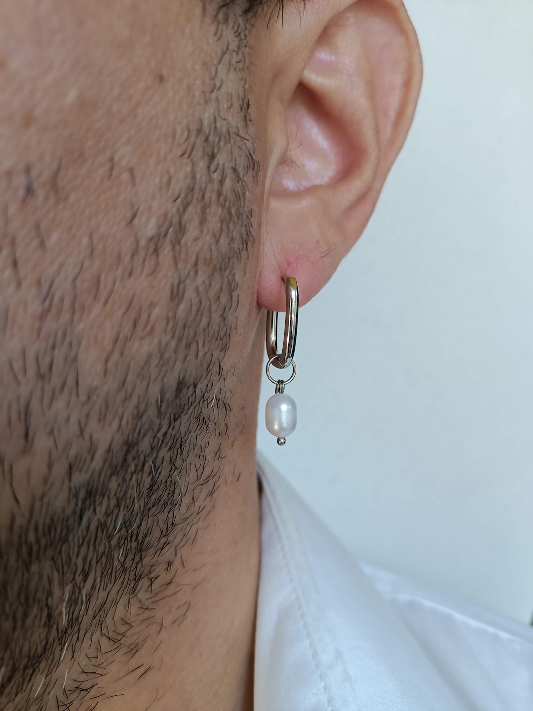 Mens Single Pearl Earring,small Huggie Hoops Real Pearl Square Hoop ...