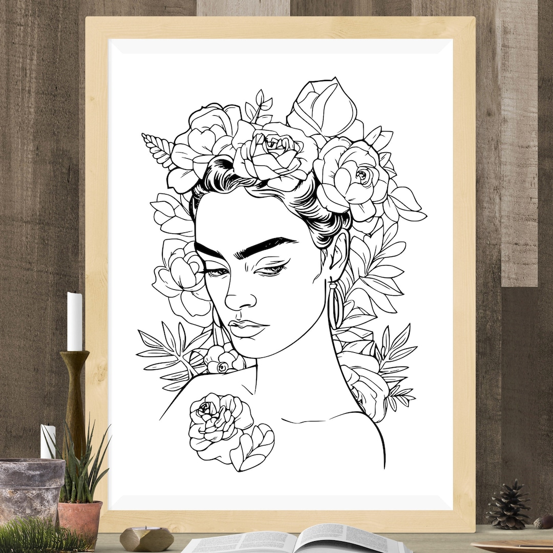 Minimalist Frida Kahlo Face Line Art, Frida Kahlo Floral Line Art ...