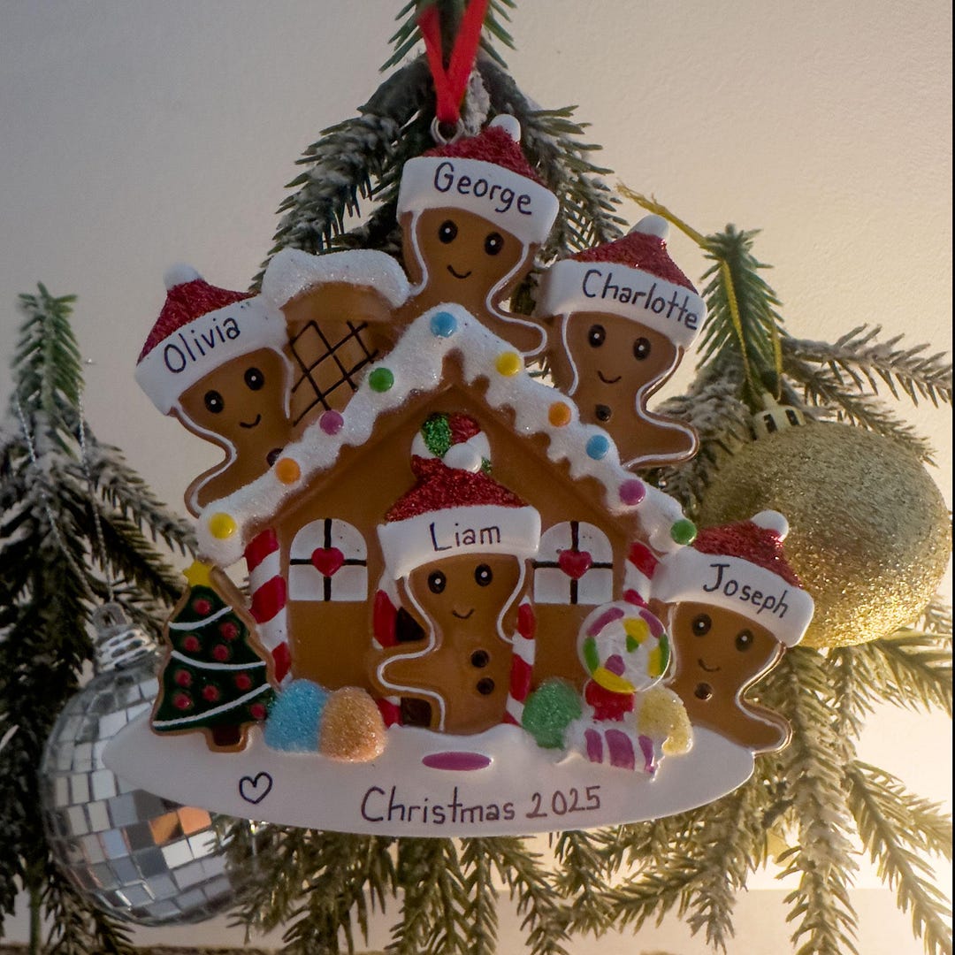 Personalised Family of 5 Gingerbread House Christmas Tree Decoration ...