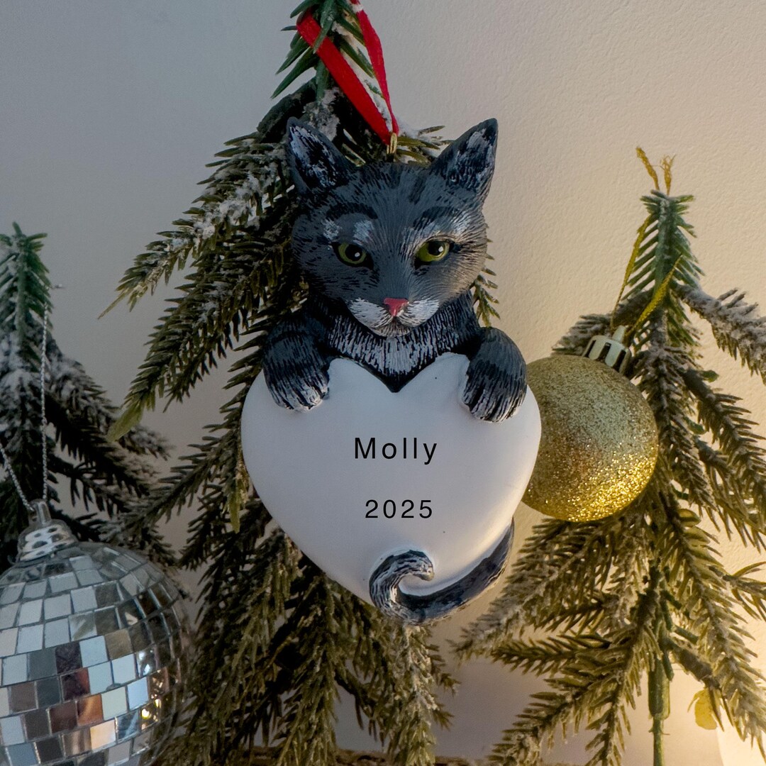 Personalised Tabby Gray Cat Christmas Tree Decoration Ornament 2025 ...