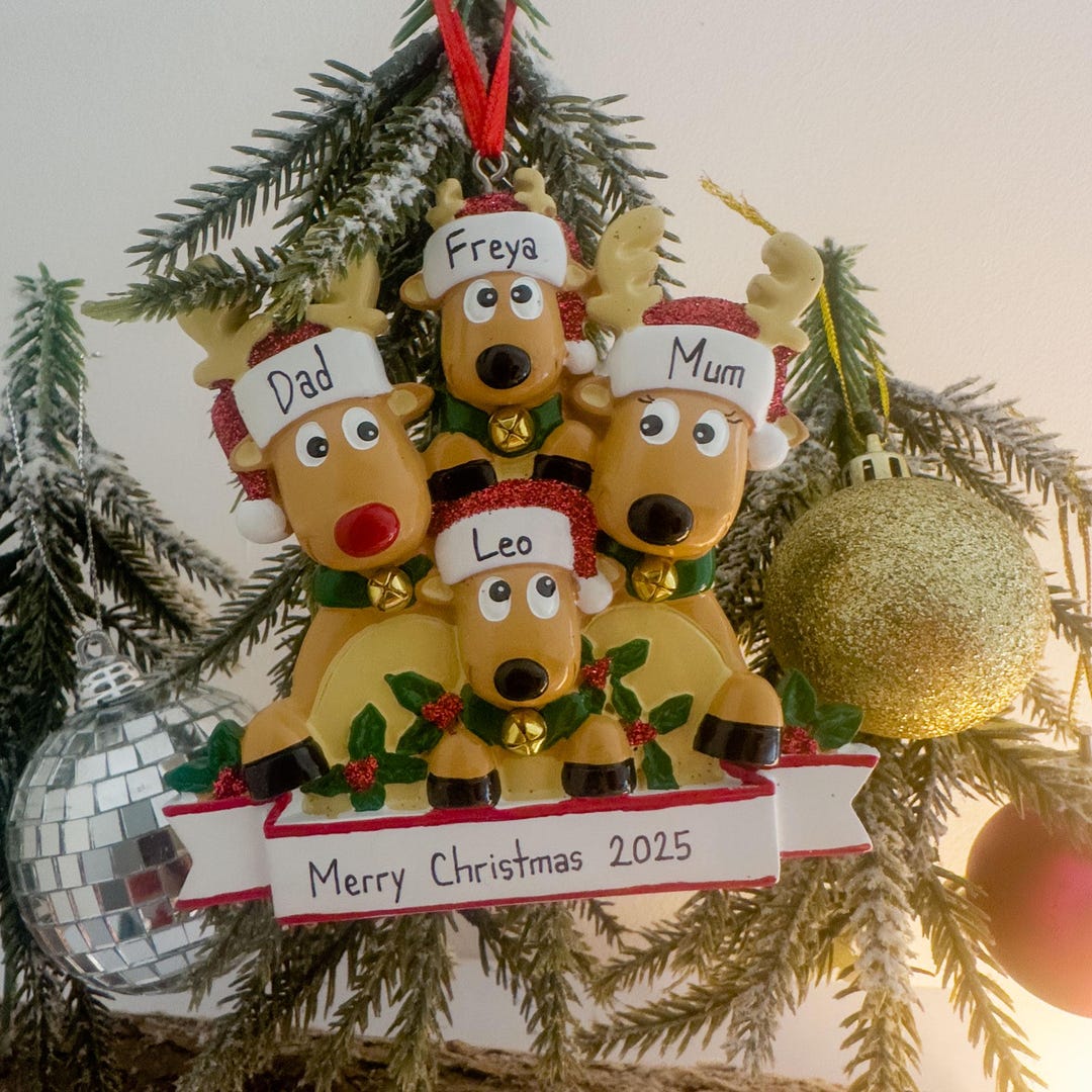Personalised Family of 4 Reindeer Christmas Tree Decoration Ornament ...
