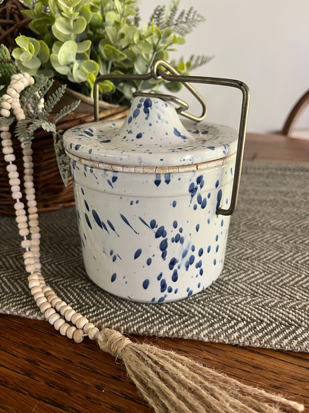 Antique Cheese Crock Blue Splatter Lidded Crock - Etsy