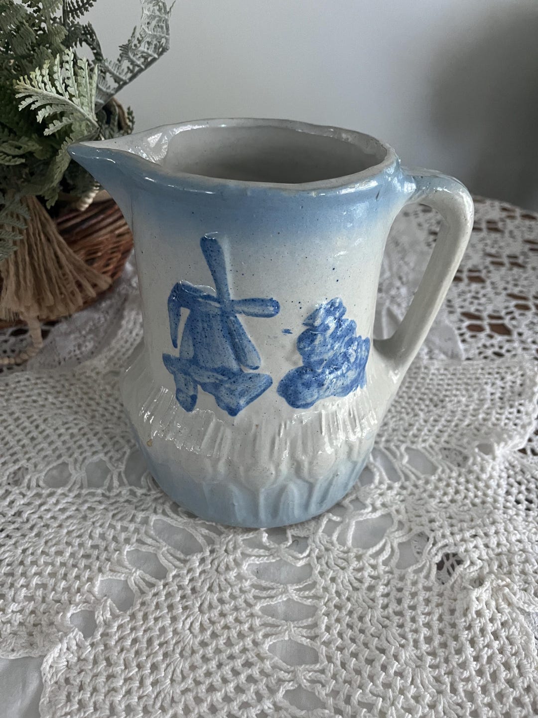 Antique Salt Glazed Stoneware Pitcher - Blue and White Dutch Windmill ...