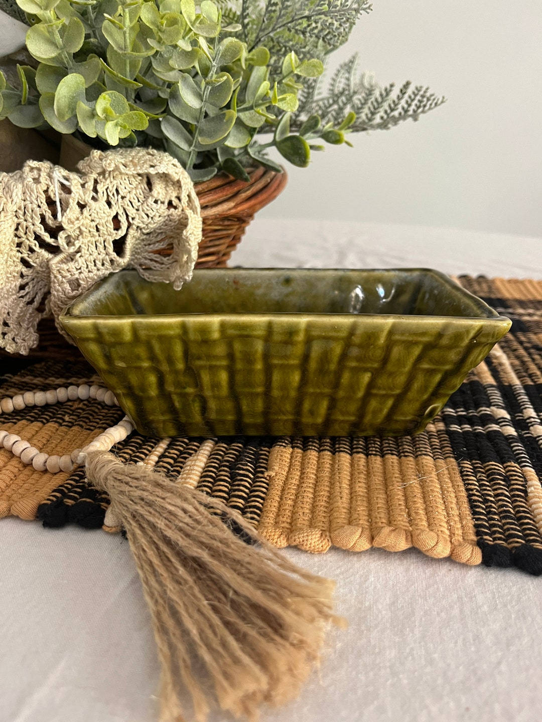 MCM Ceramic Indoor Planter - Olive Basketweave Planter - Etsy