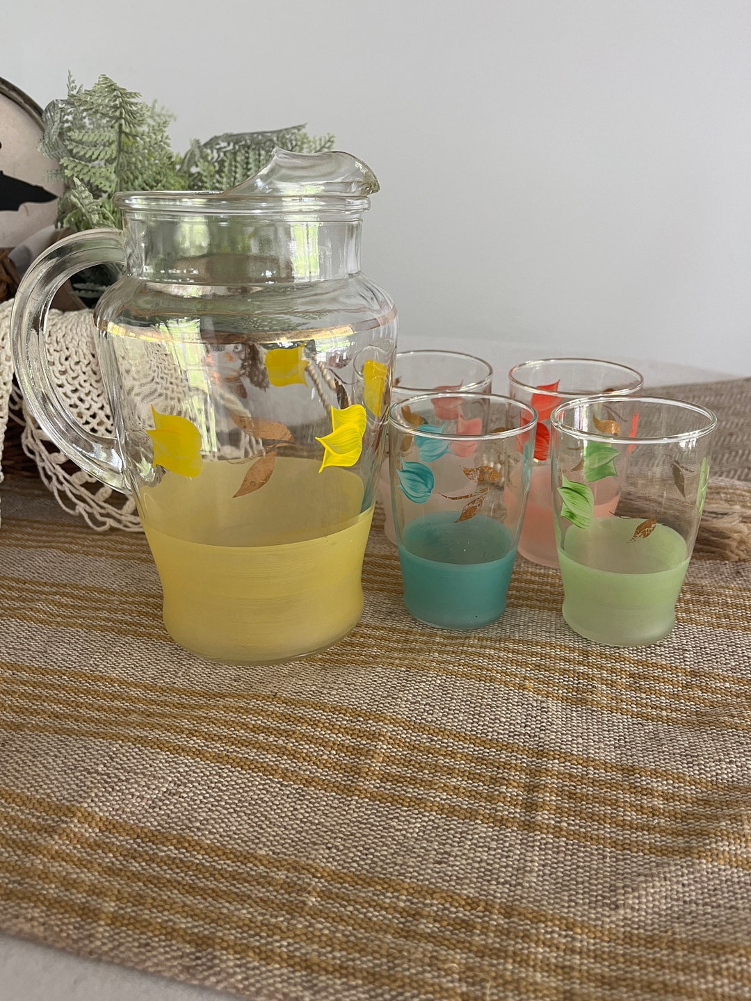 Retro Vintage Juice Pitcher and Glass Set Hand-painted Pitcher Serving ...