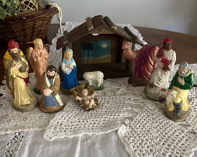 Antique Mixed 10 Piece Nativity Lot - Chalkware Paper Mache Manger ...