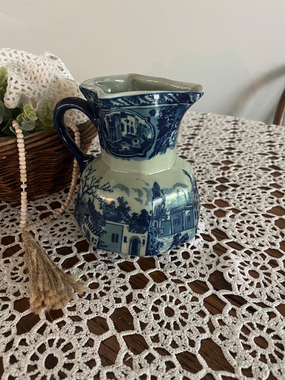 Antique Ironstone Water Pitcher - Flow Blue Pitcher - Gray and Blue ...