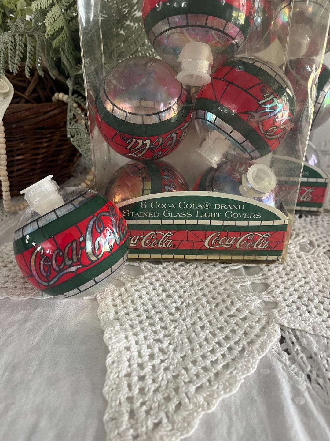 Vintage 6 Pack of Coca Cola Stained Glass Light Covers in Original Box ...