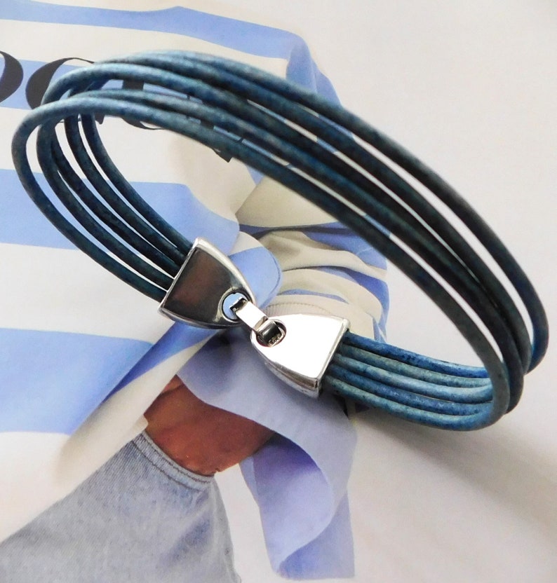 Delicate Blue Distressed Leather Bracelet: Bohemian Style, Custom Size ...