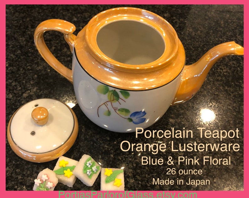 Vintage tea for Three Peach Lusterware Tea Set With Blue & - Etsy