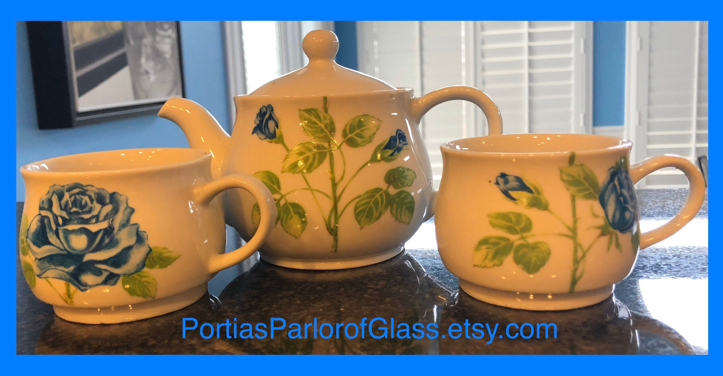Vintage Blue Rose Teapot & 2 Tea/coffee Mugs - Etsy