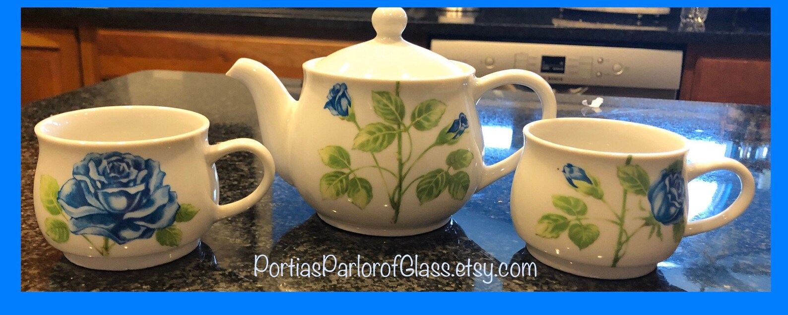 Vintage Blue Rose Teapot & 2 Tea/coffee Mugs - Etsy