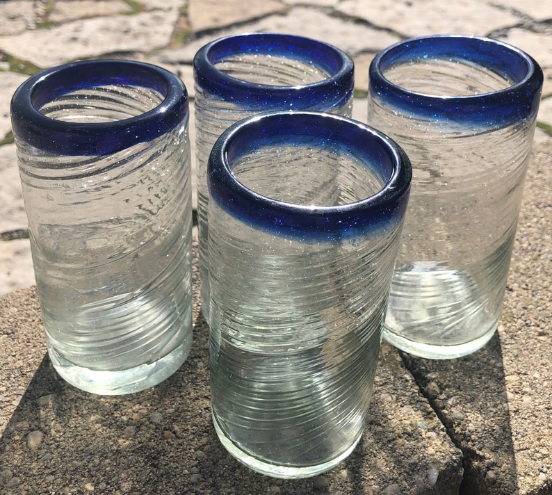 Set of 4 Handblown Clear Glass blue Rim Tumblers - Etsy
