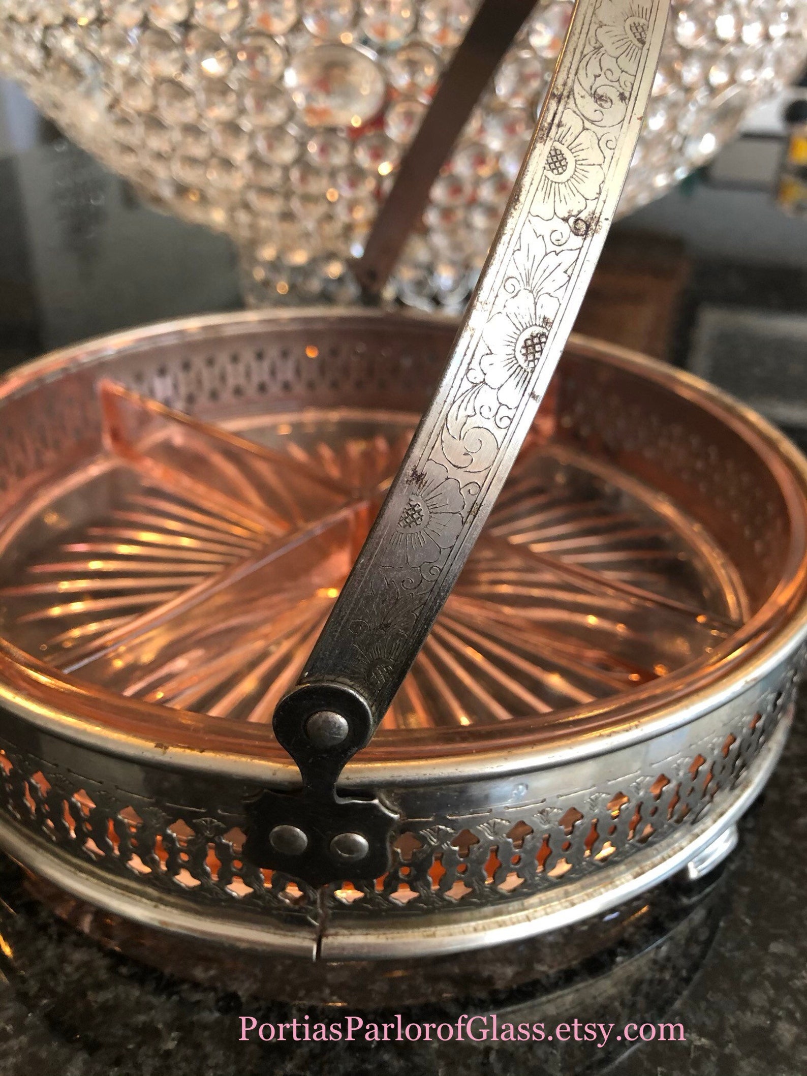 Pink Depression Glass Divided Tray & Metal Basket Holder - Etsy