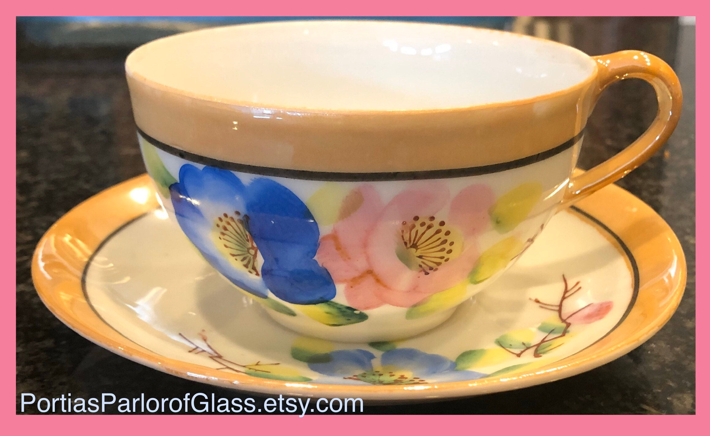 Vintage tea for Three Peach Lusterware Tea Set With Blue & - Etsy