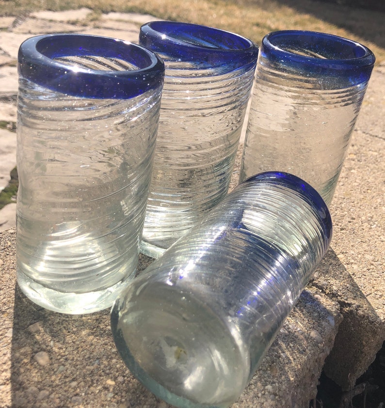 Set of 4 Handblown Clear Glass blue Rim Tumblers - Etsy