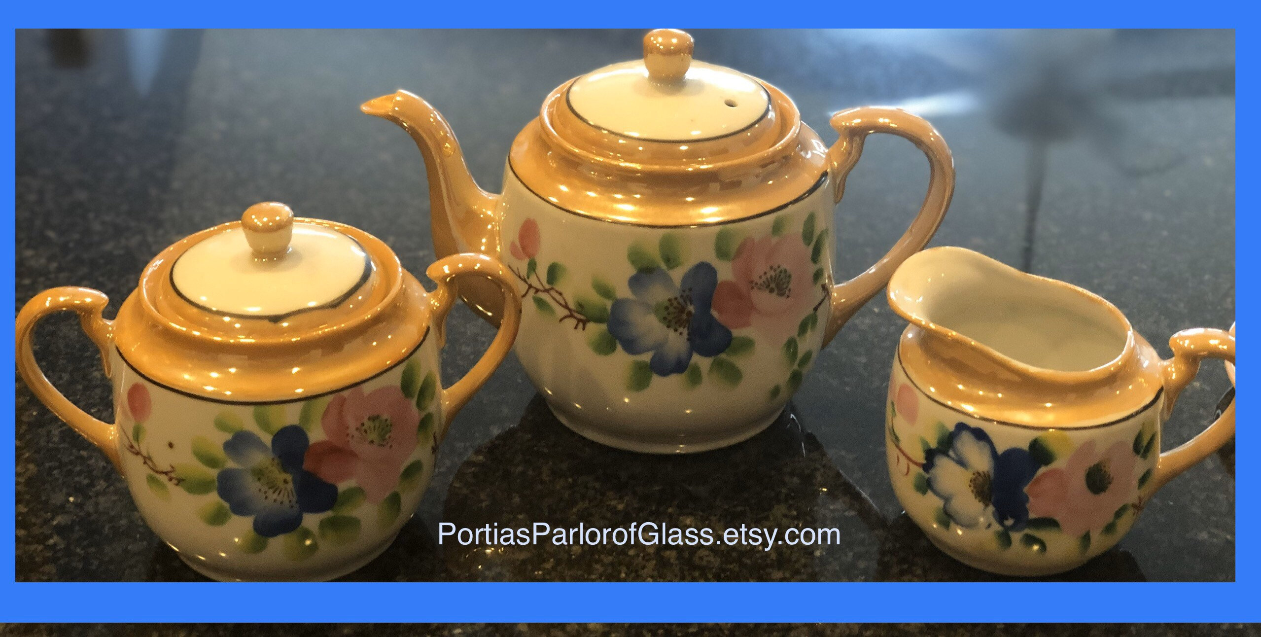Vintage tea for Three Peach Lusterware Tea Set With Blue & - Etsy