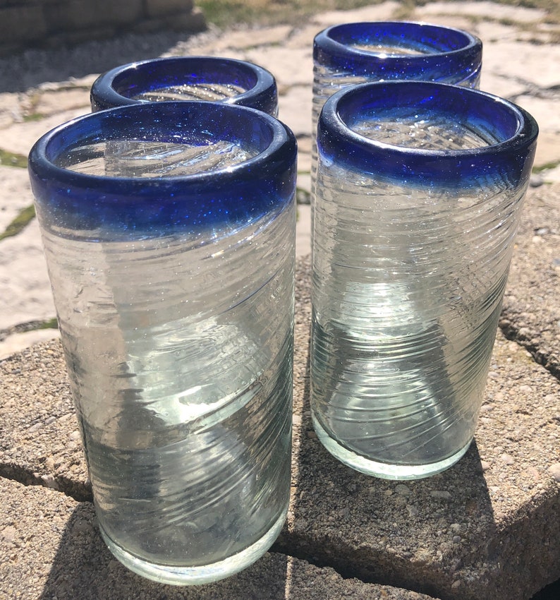 Set of 4 Handblown Clear Glass blue Rim Tumblers - Etsy