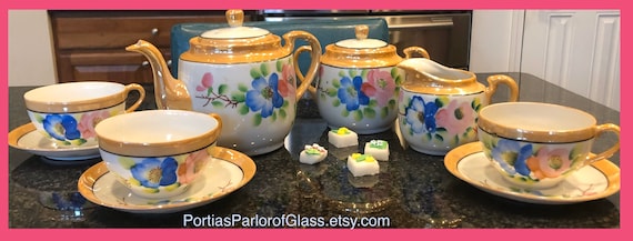 Vintage tea for Three Peach Lusterware Tea Set With Blue & - Etsy