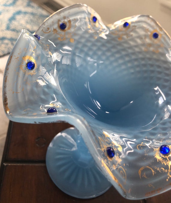 Ivima Portugal 1895 Diamond Point Blue Opaline Glass Compote | Etsy