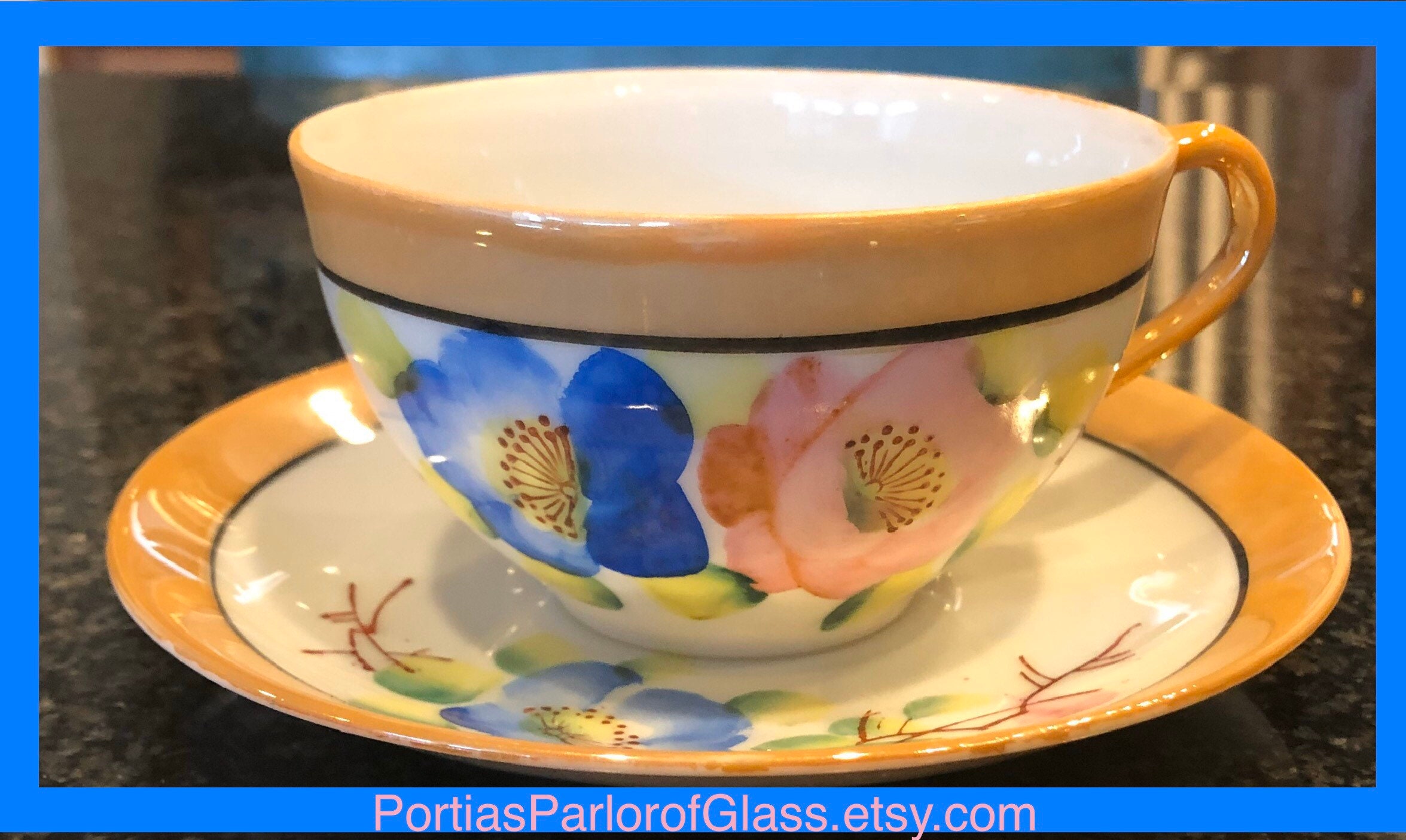 Vintage tea for Three Peach Lusterware Tea Set With Blue & - Etsy