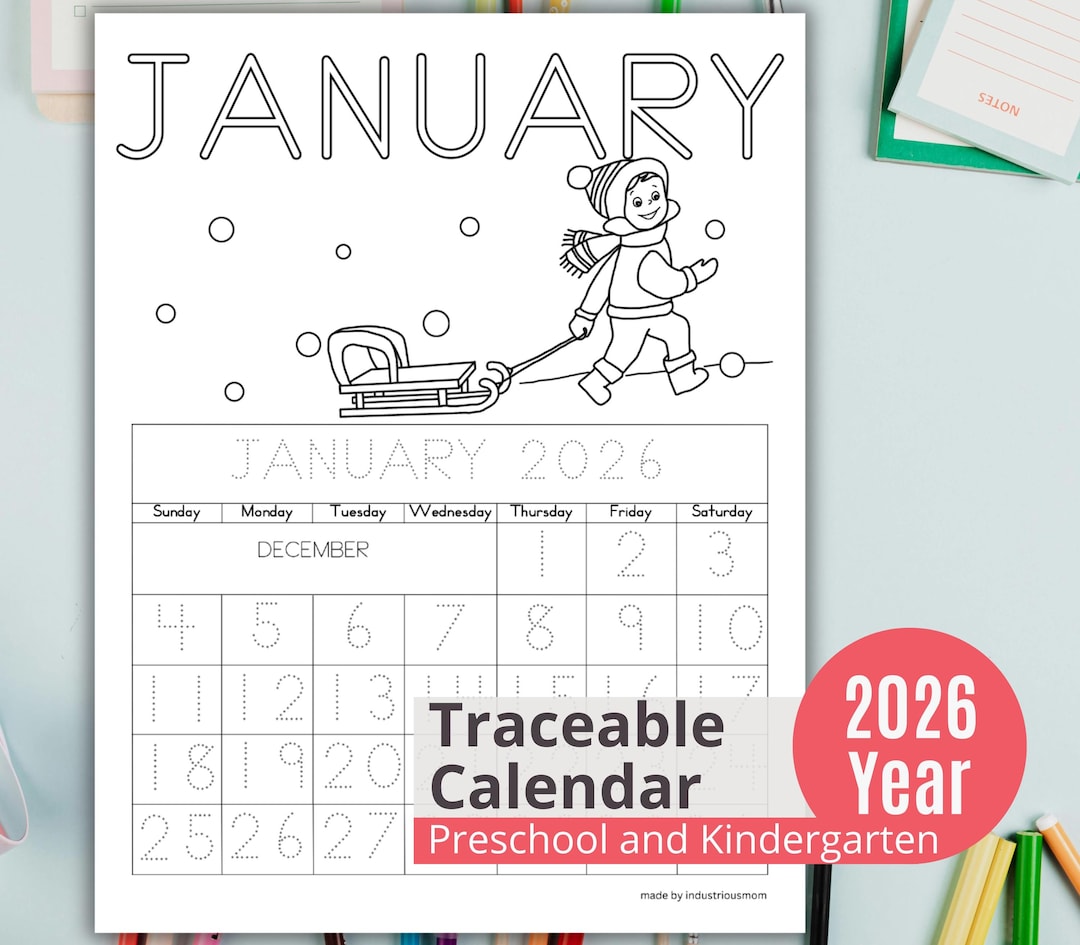 2026 Kids Printable Calendar With Traceable Numbers for Preschool and ...