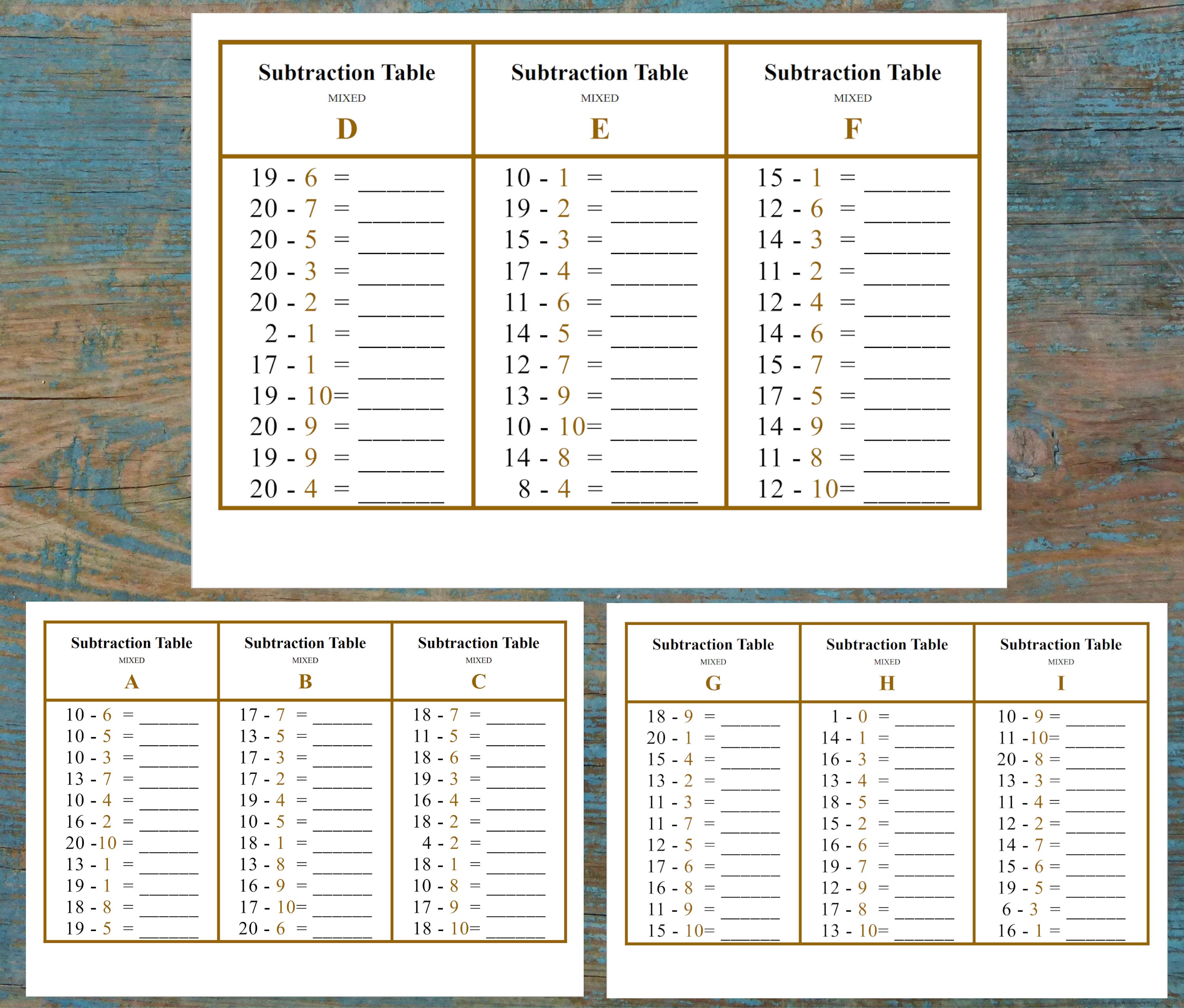 Subtraction Table Numbers 1 to 20 Mixed Numbers - Elementary Math ...