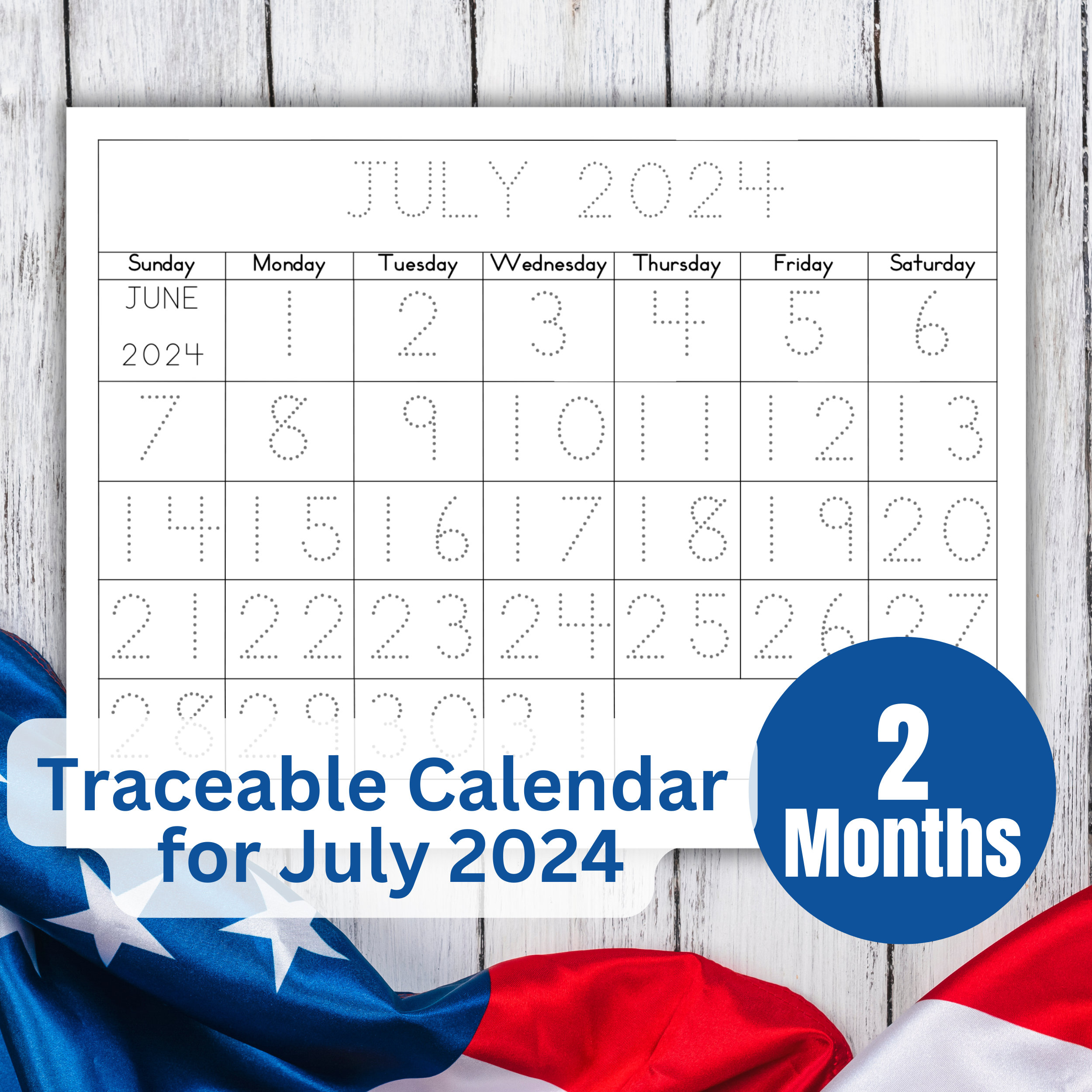 July 2024 and June 2024 Tracing Calendar for Kids Printable learning to ...