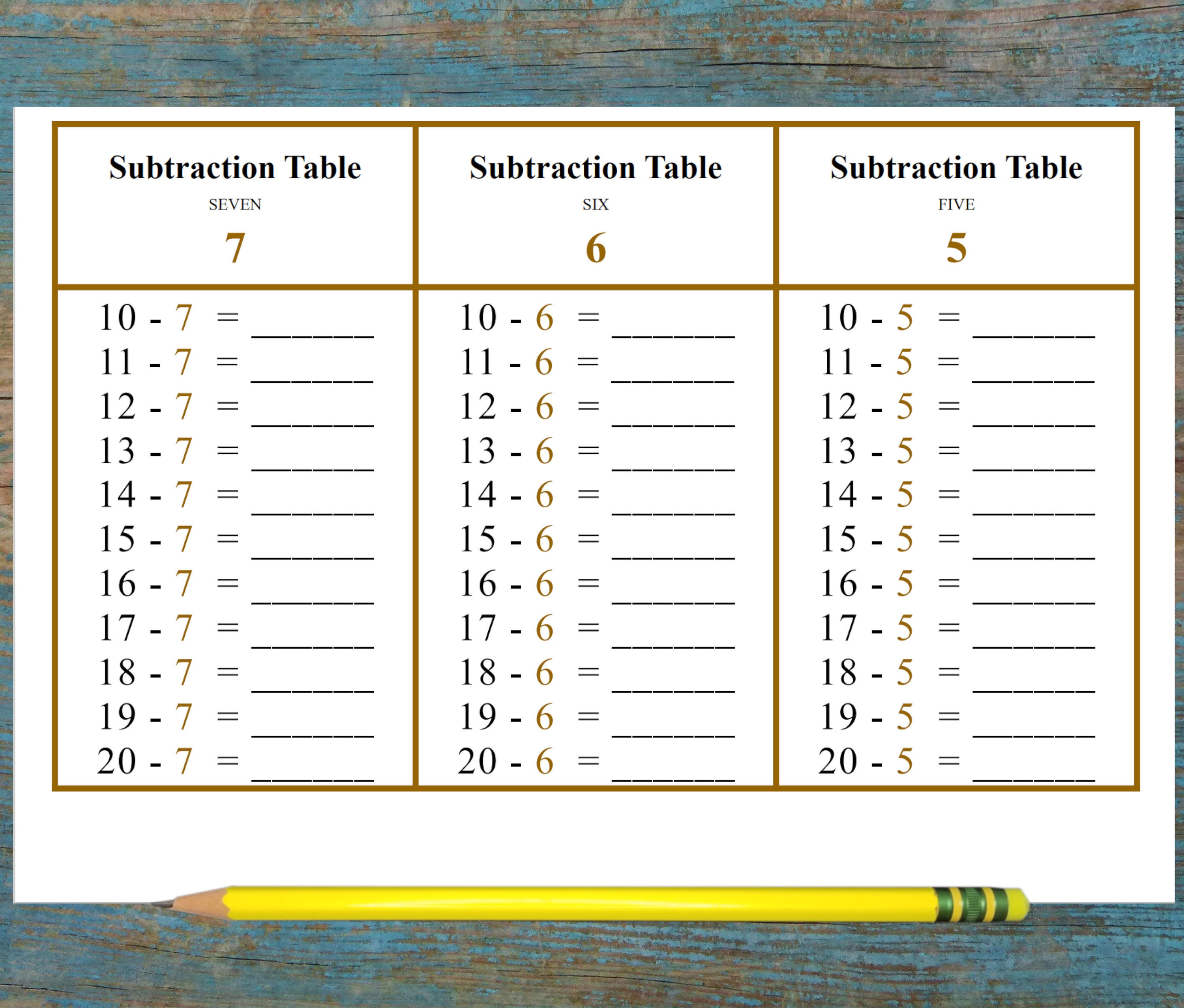 Subtraction Table Math Problems for Elementary -numbers 10 to 20 ...