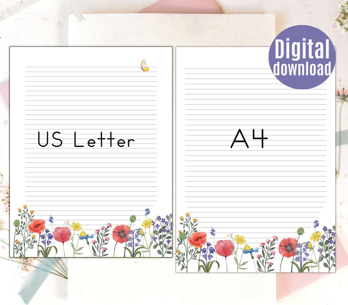 Printable Spring Flower Meadow Stationery, Lined and Unlined Paper, US ...