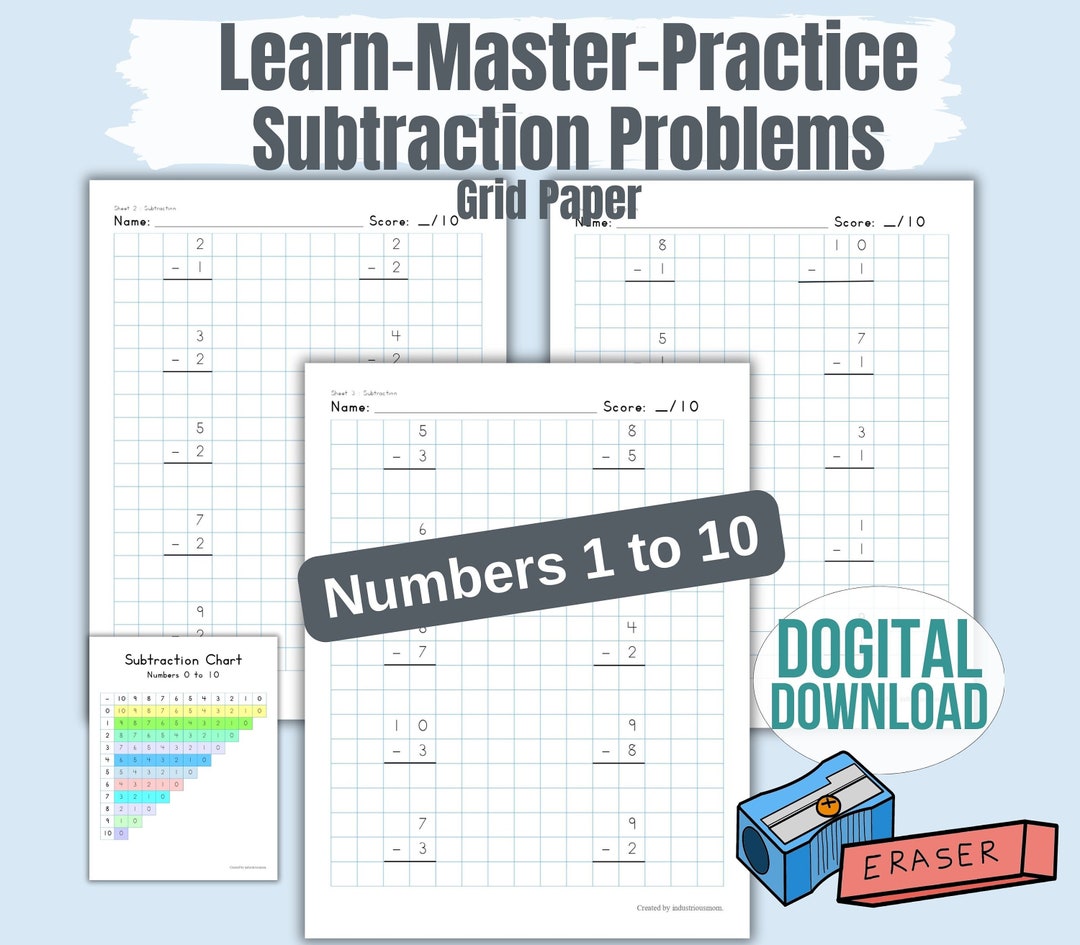 Printable Subtraction Chart & Worksheets Bundle - Kindergarten and 1st ...