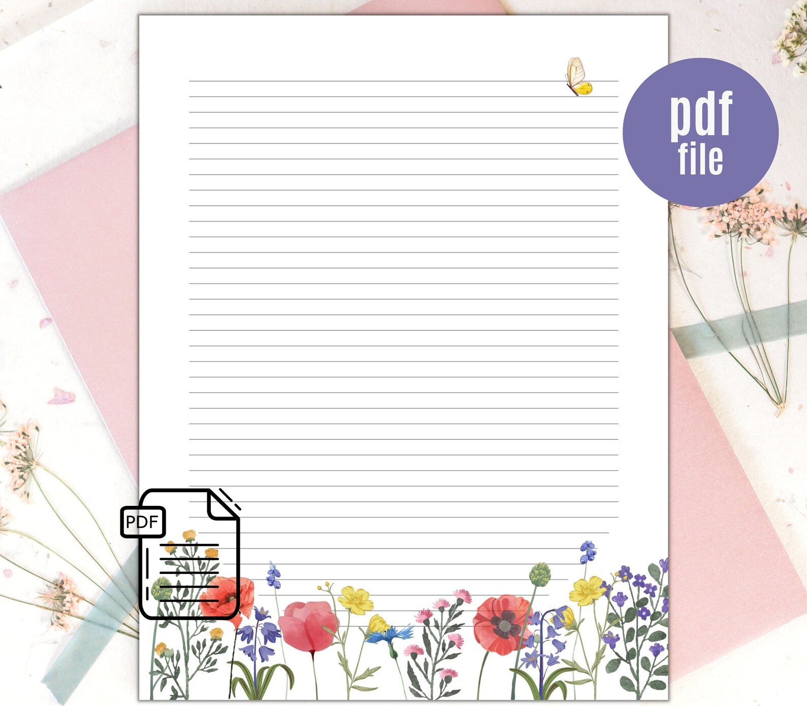 Printable Spring Flower Meadow Stationery, Lined and Unlined Paper, US ...
