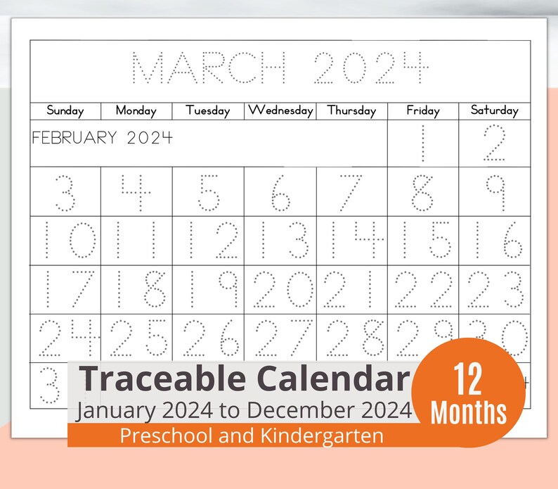 Printable Kids Monthly Calendar for 2024 With Dotted Numbers to Trace ...