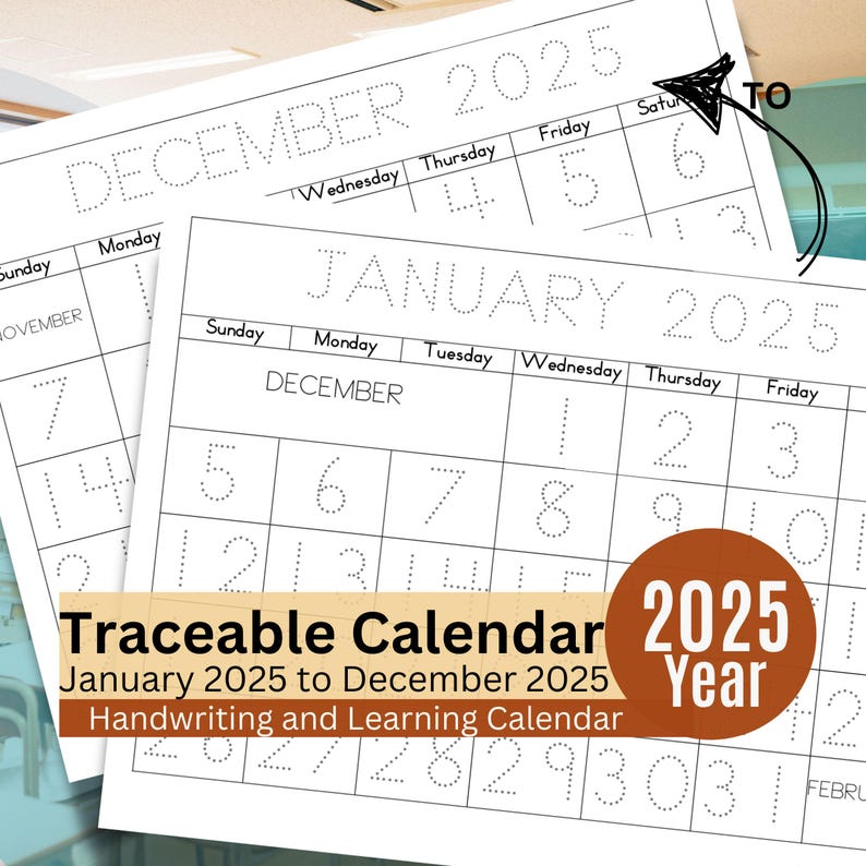 Printable Kids Monthly Calendar for 2025 With Dotted Numbers to Trace ...