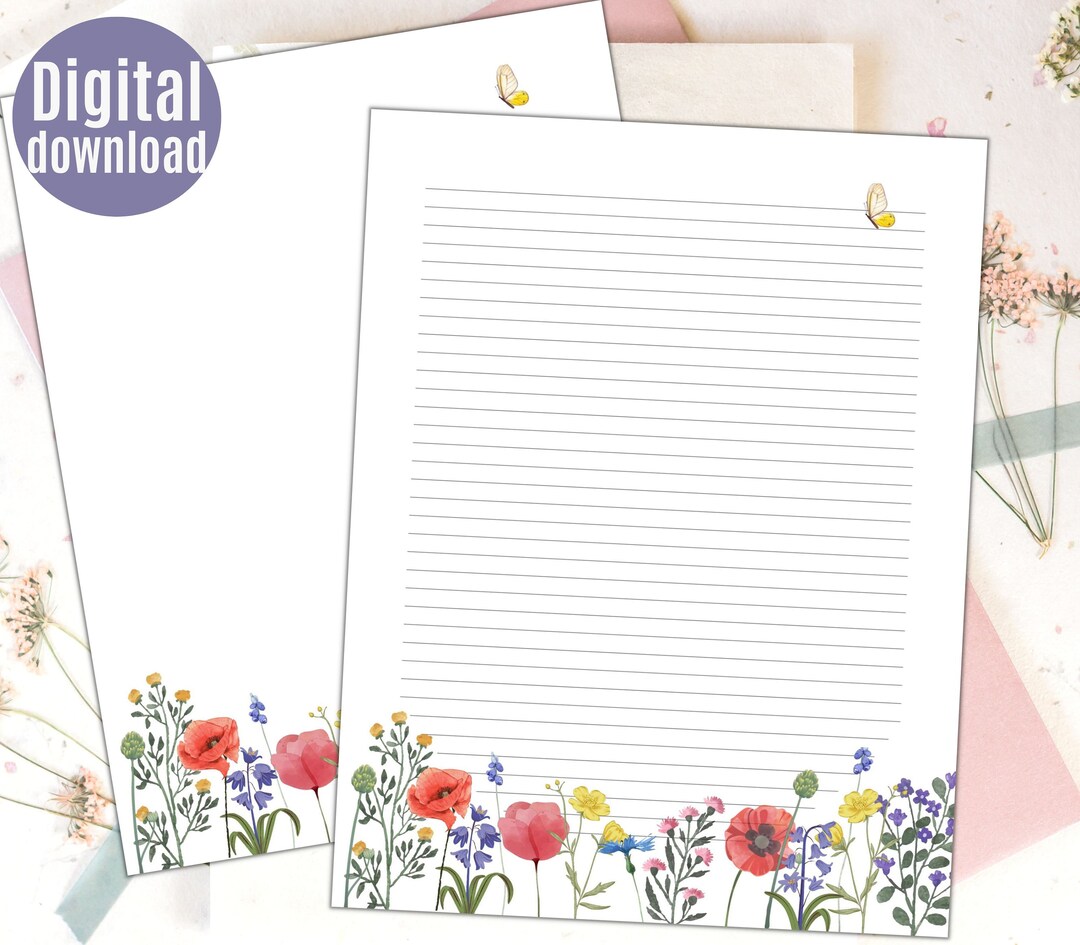 Printable Spring Flower Meadow Stationery, Lined and Unlined Paper, US ...