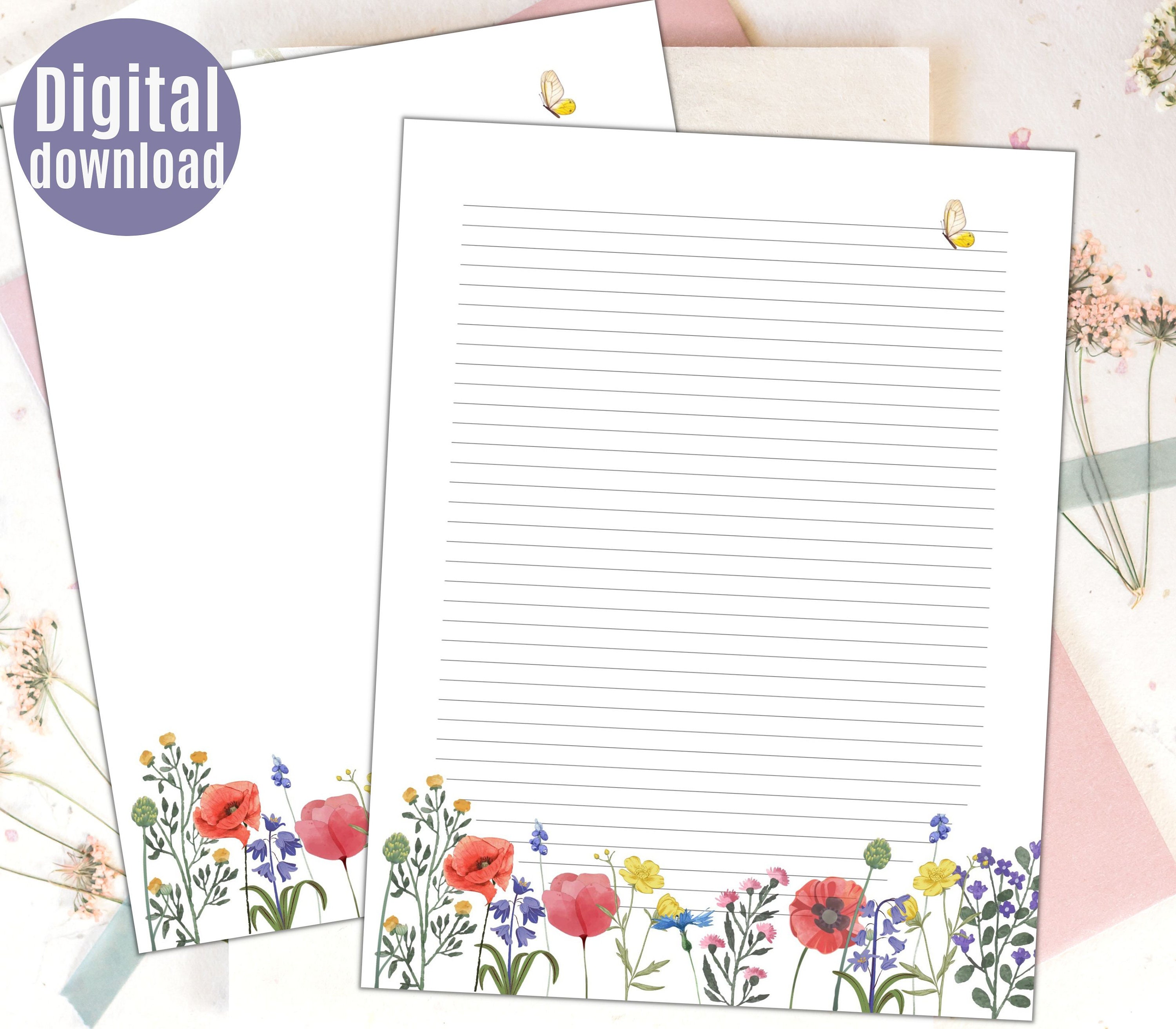 Printable Spring Flower Meadow Stationery, Lined and Unlined Paper, US ...