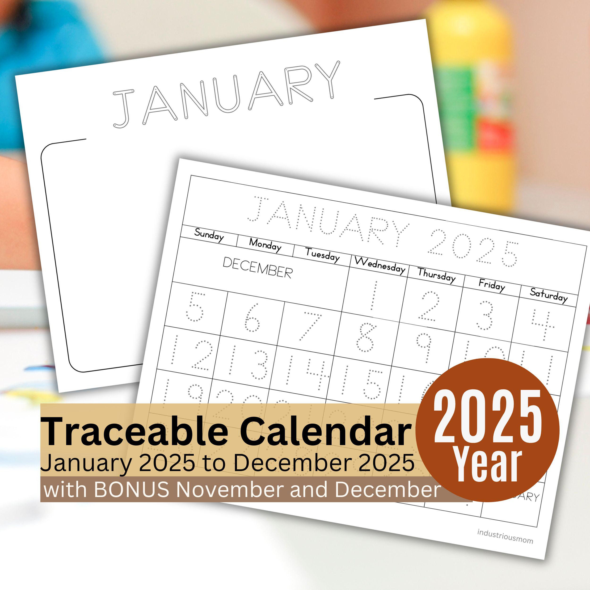 Printable 2025 Kids Calendar With Traceable Numbers and Months for ...