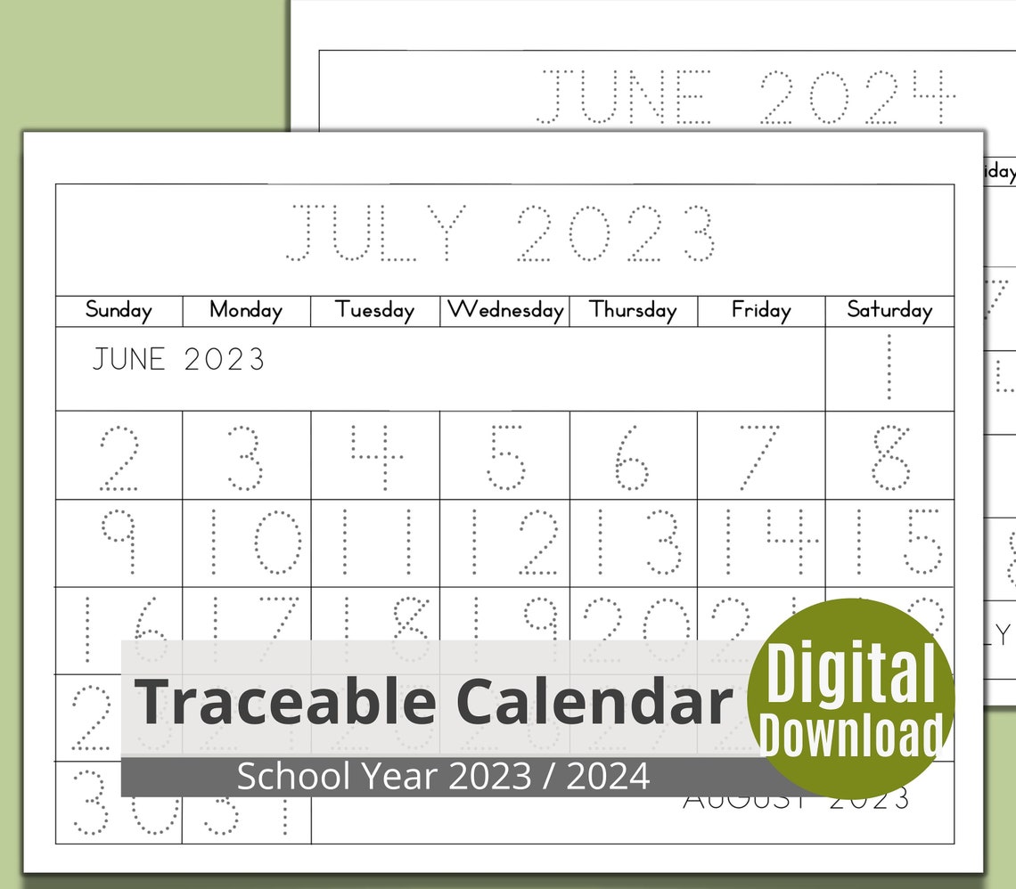 Kids Calendar With Traceable Numbers, School Year Calendar 2023 2024 ...