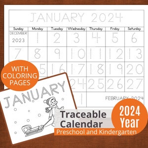 Printable Traceable Kids Calendar 2024 With December 2023 Monthly ...
