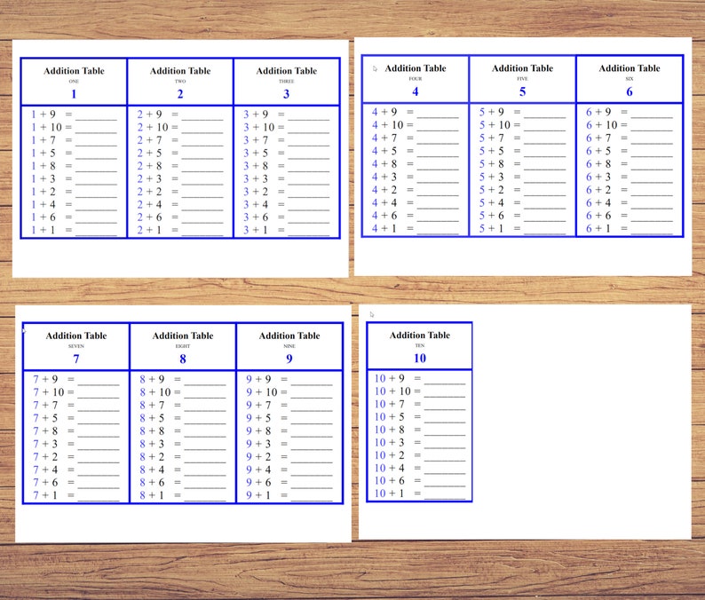Bundle Addition Table Numbers 1 to 10 Printable for Kids- Mixed Numbers ...
