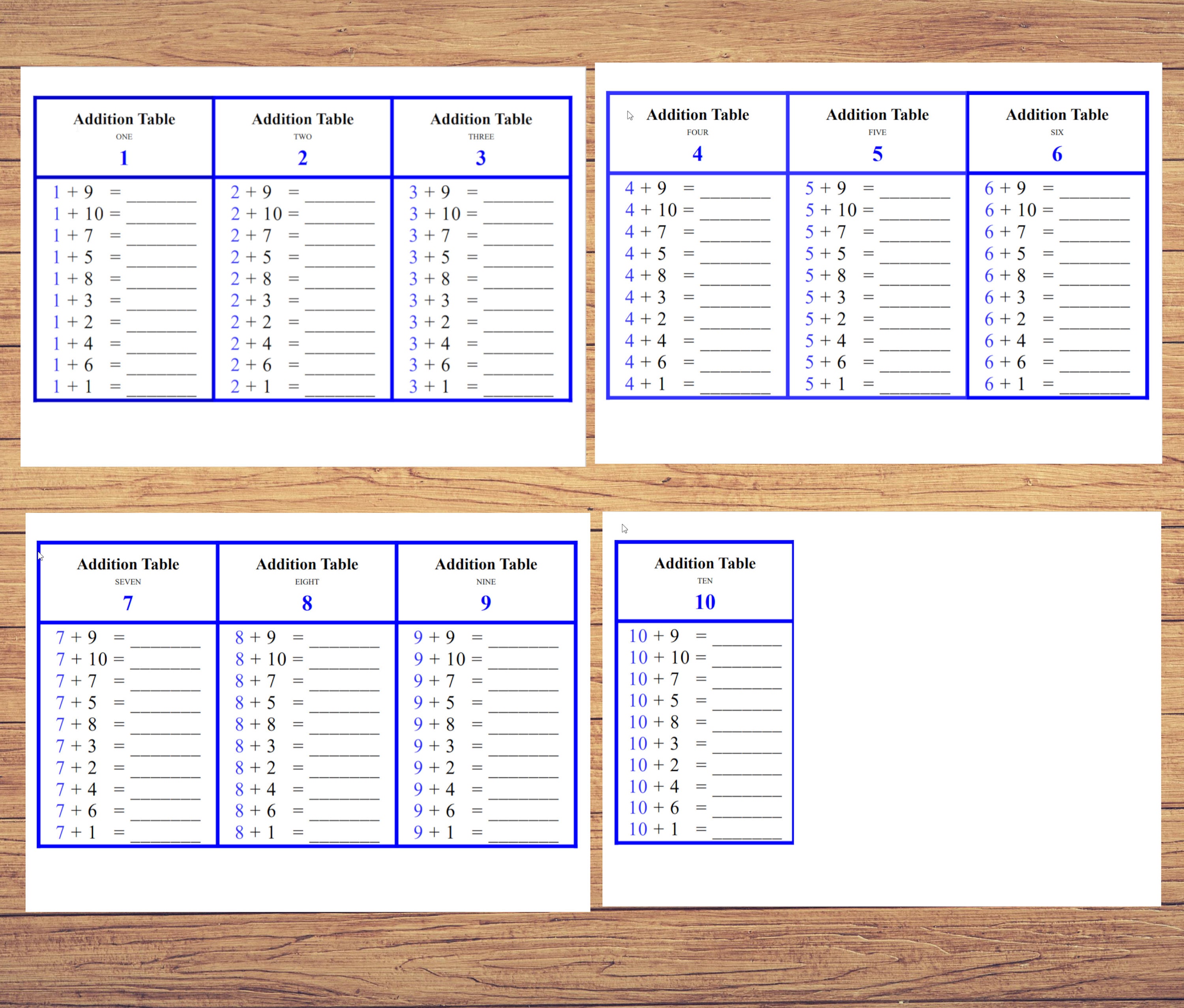 Bundle Addition Table Numbers 1 to 10 Printable for Kids- Mixed Numbers ...