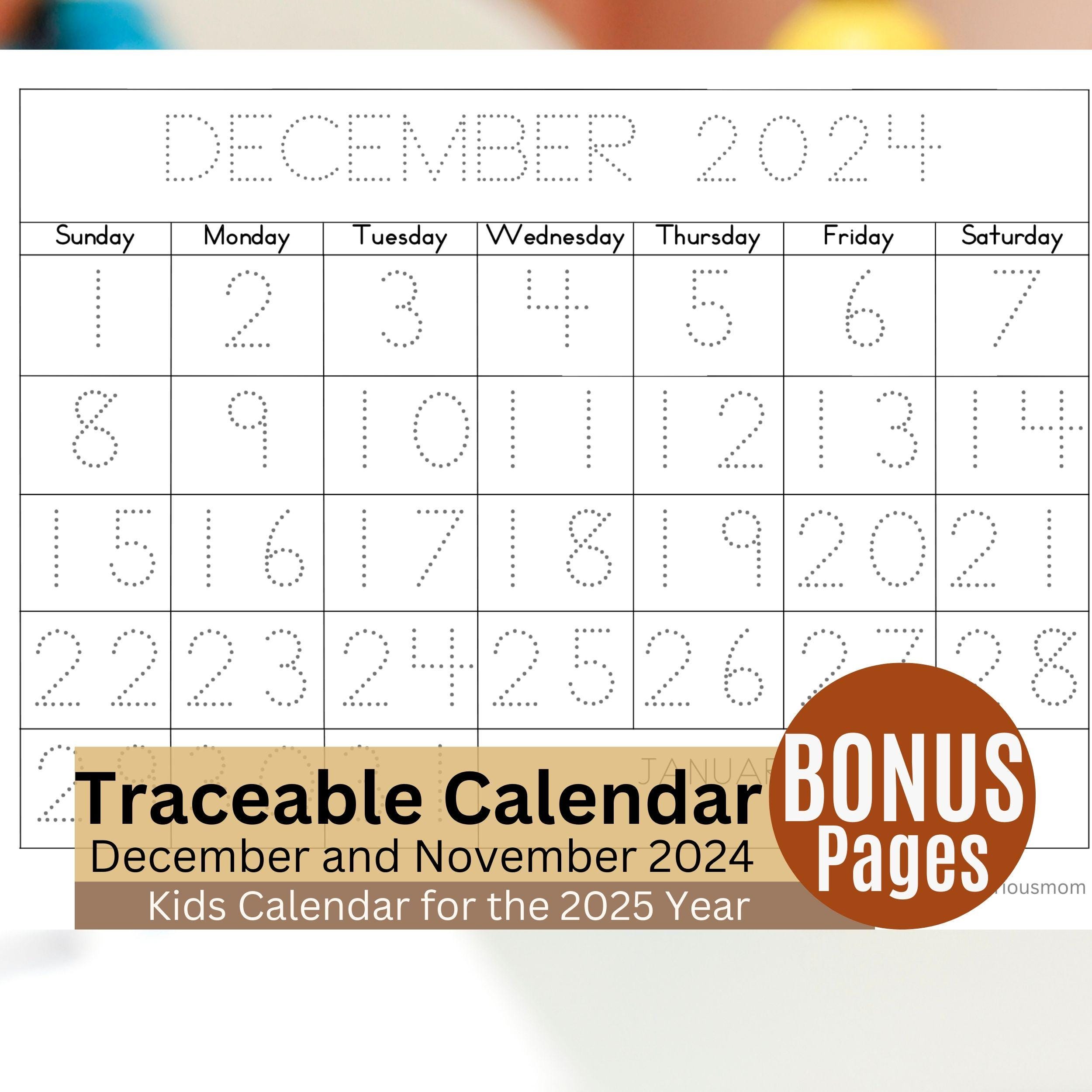 Printable 2025 Kids Calendar With Traceable Numbers and Months for ...