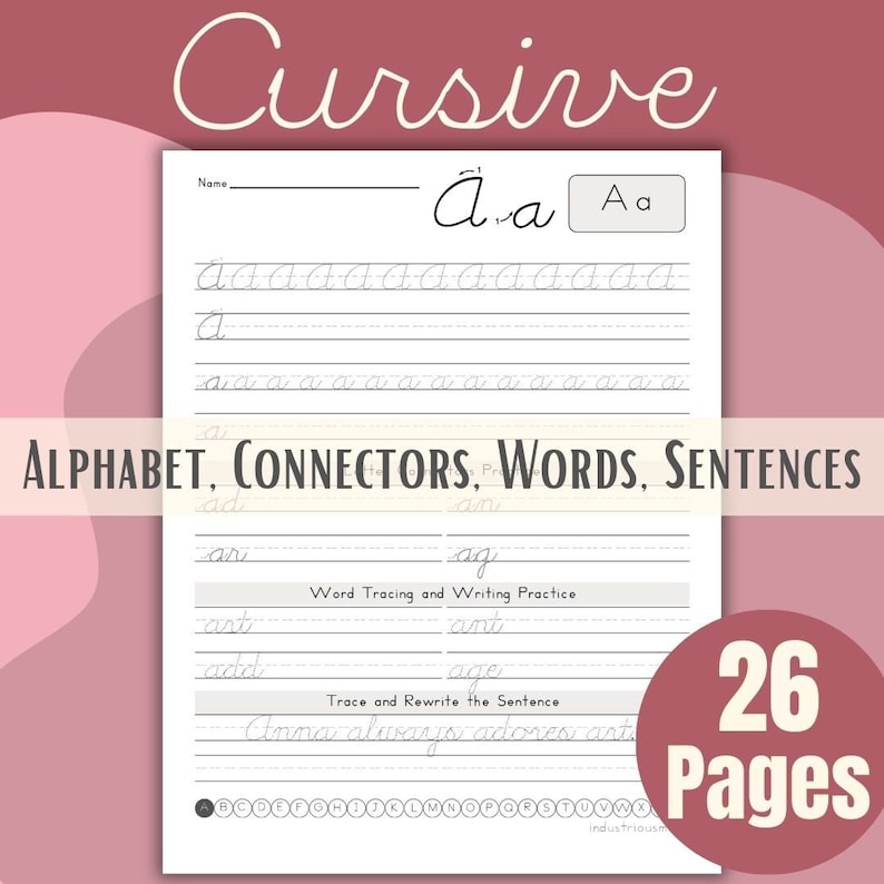 26-page Cursive Alphabet Practice Workbook: Letters, Connectors, Words ...