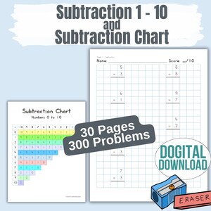 Printable Subtraction Chart & Worksheets Bundle - Kindergarten and 1st ...