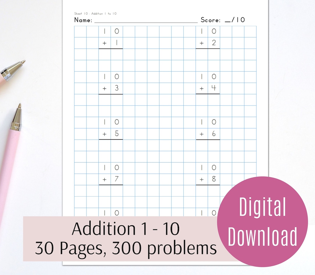 Printable 300 Addition Problems With Numbers 1 -10 Math Worksheets ...
